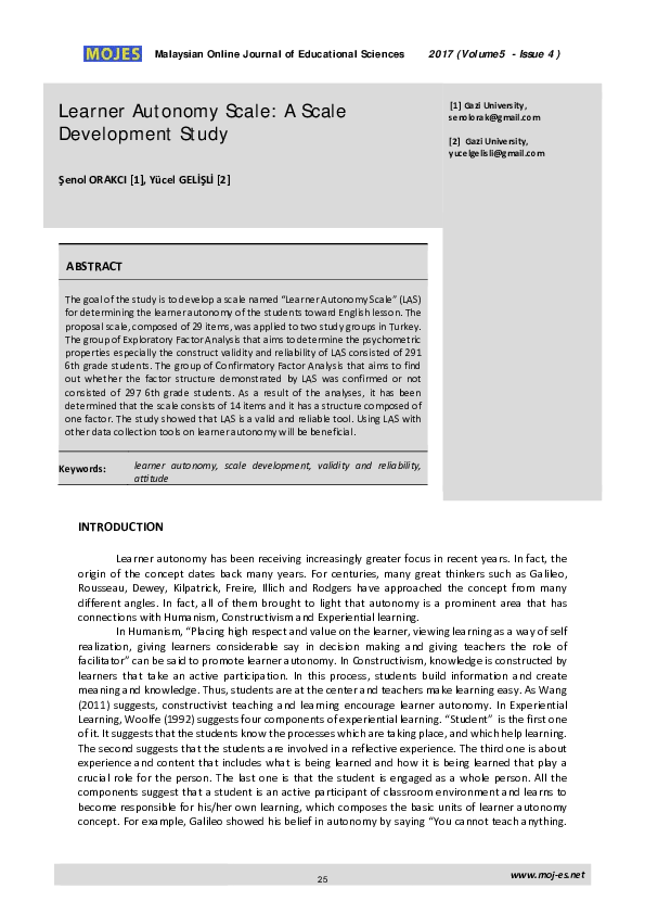 (PDF) Learner Autonomy Scale: A Scale Development Study