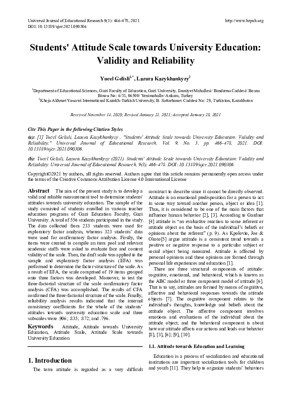 (PDF) Students' Attitude Scale towards University Education: Validity and Reliability