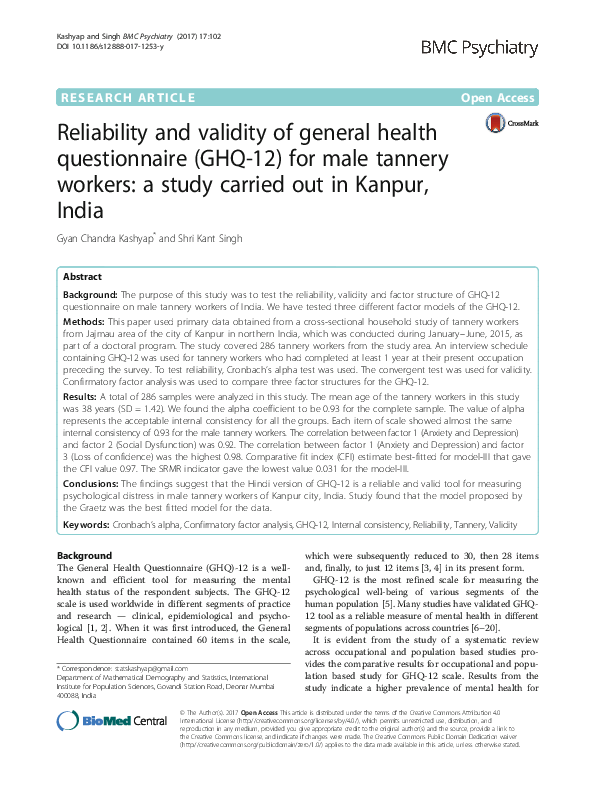 (PDF) Reliability and validity of general health questionnaire (GHQ-12) for male tannery workers ...