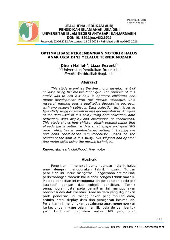 (PDF) Optimalisasi Perkembangan Motorik Halus Anak Usia Dini Melalui Teknik Mozaik