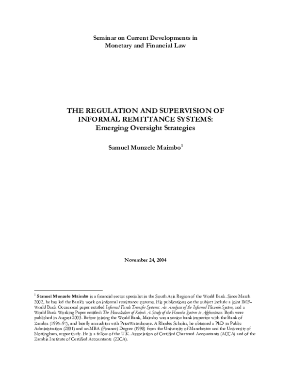 (PDF) The regulation and supervision of informal remittance systems