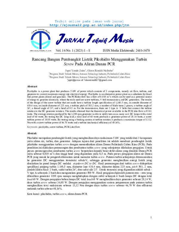 (PDF) Rancang Bangun Pembangkit Listrik Pikohidro Menggunakan Turbin ...