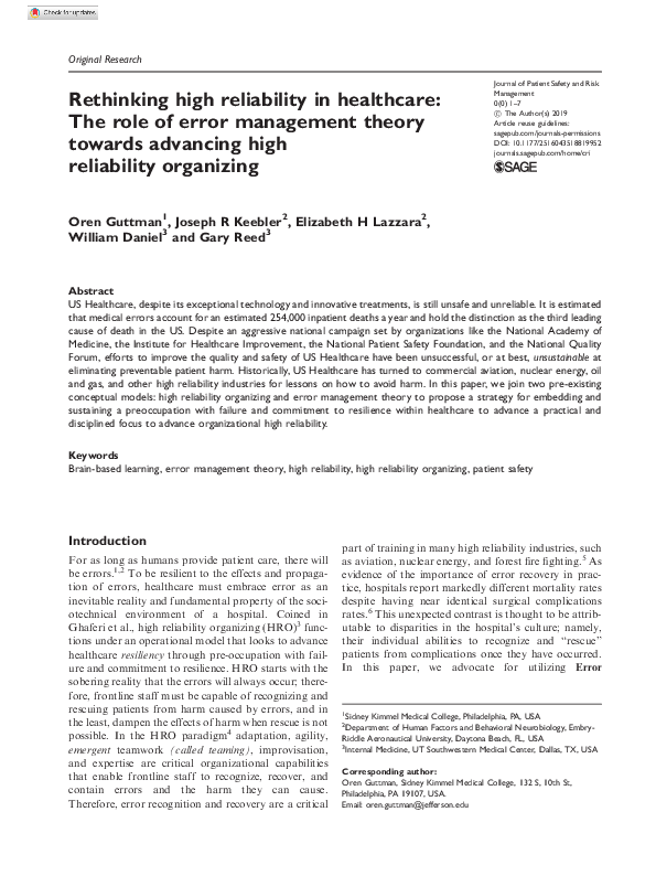 (PDF) Rethinking high reliability in healthcare: The role of error ...
