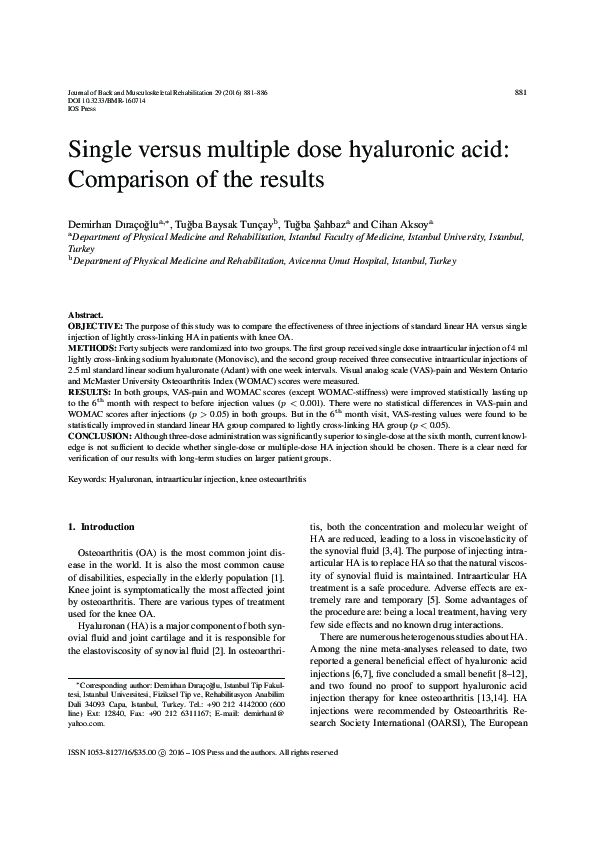 (PDF) Single versus multiple dose hyaluronic acid: Comparison of the results