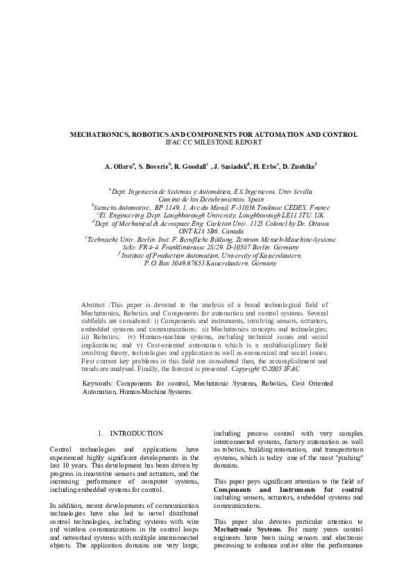 (PDF) Mechatronics, Robotics and Components for Automation and Control Ifac CC Milestone Report