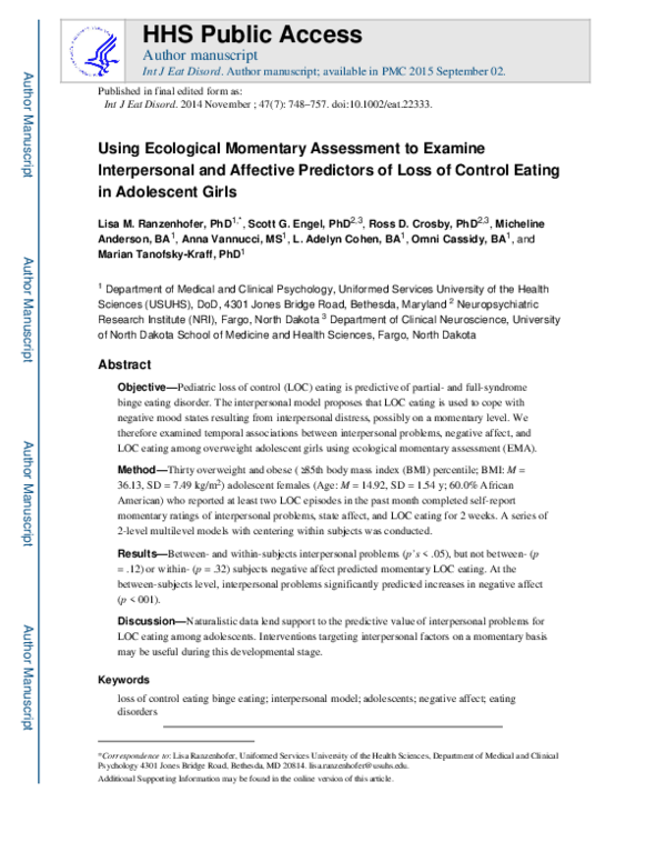 (PDF) Using ecological momentary assessment to examine interpersonal and affective predictors of ...
