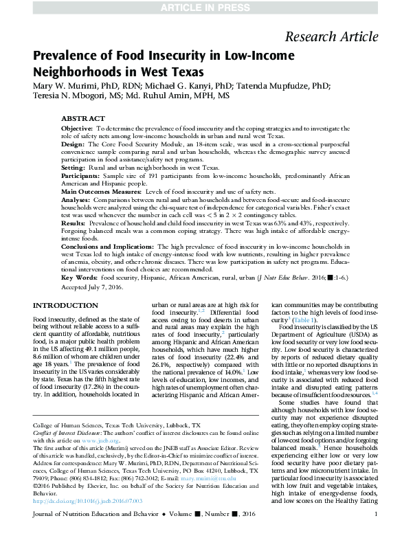 (PDF) Prevalence of Food Insecurity in Low-Income Neighborhoods in West ...