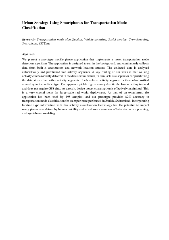 Pdf Urban Sensing Using Smartphones For Transportation Mode Classification