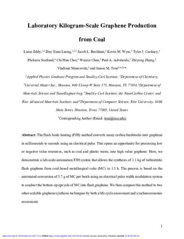 (PDF) Laboratory Kilogram-Scale Graphene Production from Coal