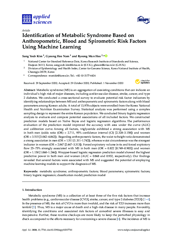 (PDF) Identification of Metabolic Syndrome Based on Anthropometric, Blood and Spirometric Risk ...