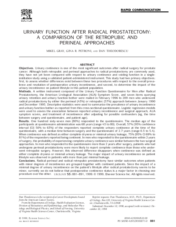 Pdf Urinary Function After Radical Prostatectomy A Comparison Of The