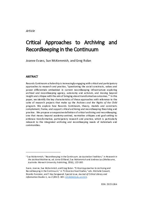 (PDF) Critical Archiving and Recordkeeping Research and Practice in the ...