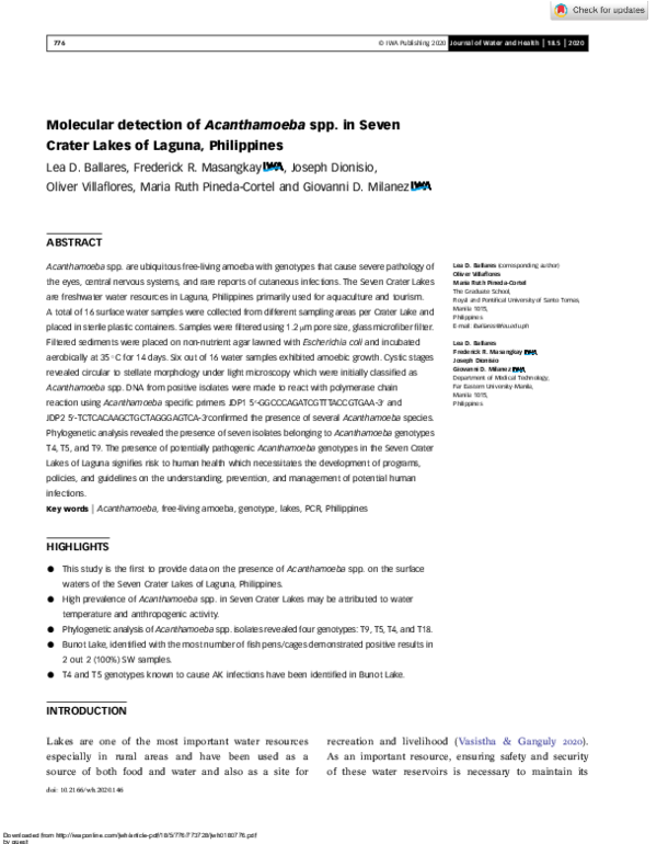 Pdf Molecular Detection Of Acanthamoeba Spp In Seven Crater Lakes Of Laguna Philippines