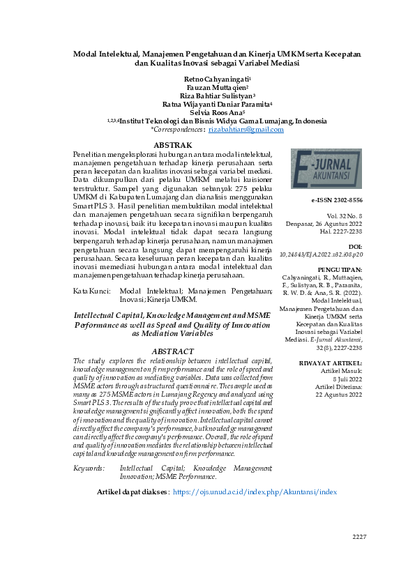 (PDF) Modal Intelektual, Manajemen Pengetahuan dan Kinerja UMKM serta Kecepatan dan Kualitas ...