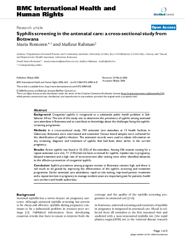 (PDF) Syphilis screening in the antenatal care: a cross-sectional study ...
