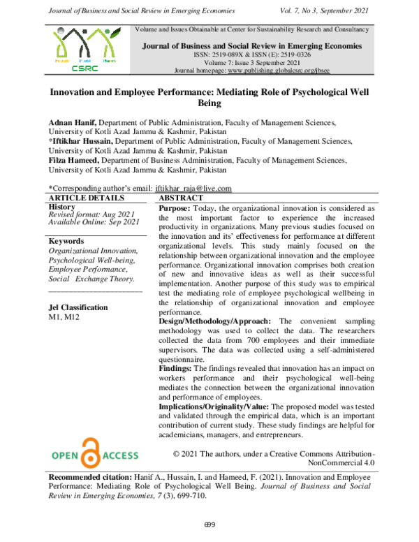 (PDF) Innovation and Employee Performance: Mediating Role of Psychological Well Being