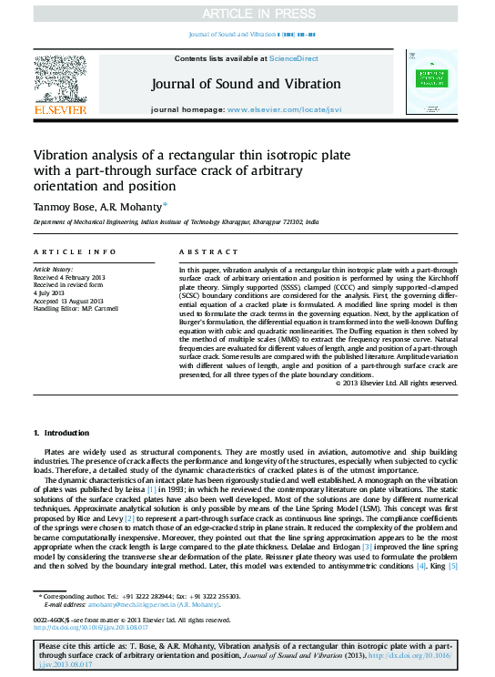 Pdf Vibration Analysis Of A Rectangular Thin Isotropic Plate With A Part Through Surface Crack