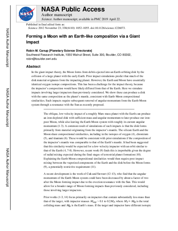 (PDF) Forming a Moon with an Earth-like Composition via a Giant Impact