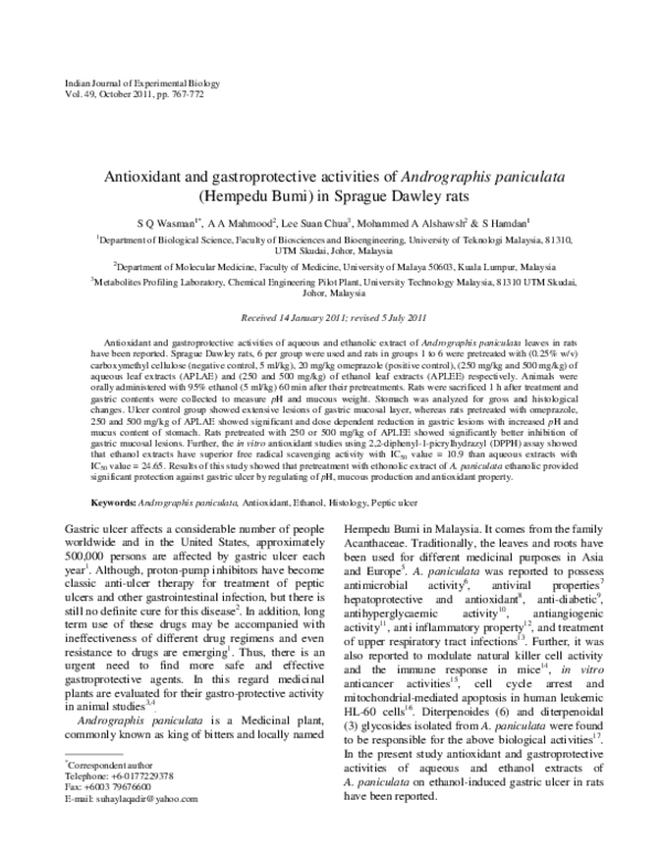 (PDF) Antioxidant and gastroprotective activities of Andrographis paniculata (Hempedu Bumi) in ...