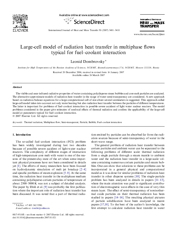 (PDF) Large-cell model of radiation heat transfer in multiphase flows typical for fuel–coolant ...