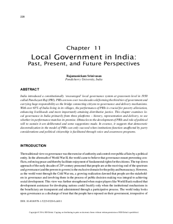 (PDF) Local Government in India: Past, Present, and Future Perspectives