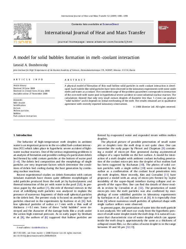 (PDF) A model for solid bubbles formation in melt–coolant interaction ...