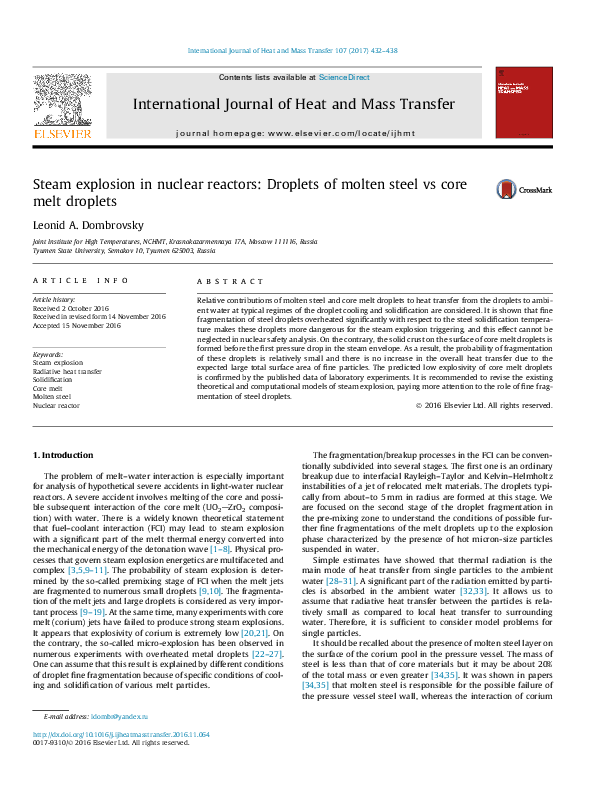 (PDF) Steam explosion in nuclear reactors: Droplets of molten steel vs ...