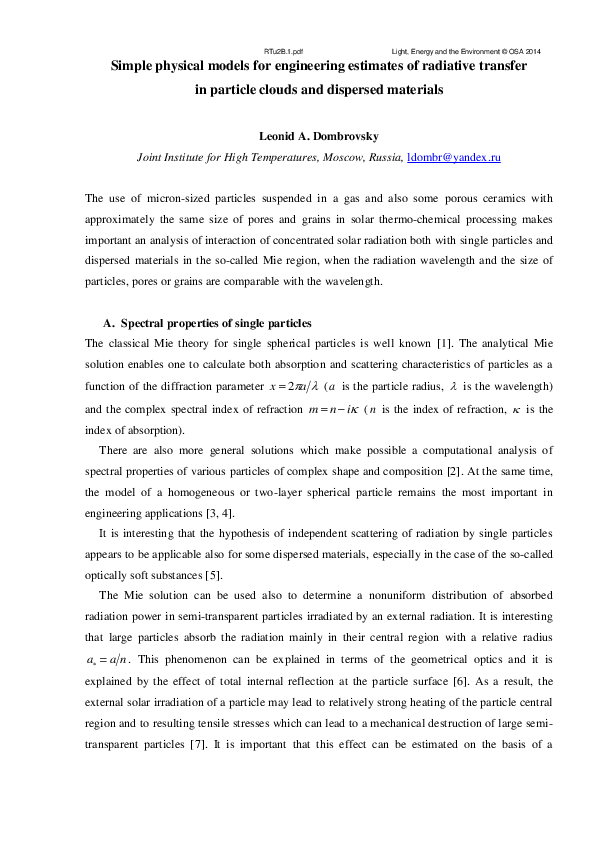 (PDF) Simple physical models for engineering estimates of radiative ...