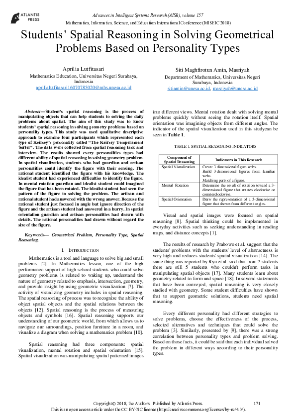 (PDF) Studentsr Spatial Reasoning in Solving Geometrical Problems Based on Personality Types
