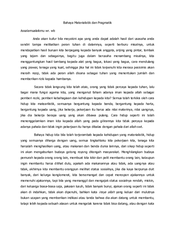 (DOC) Bahaya Materialistik dan Pragmatik