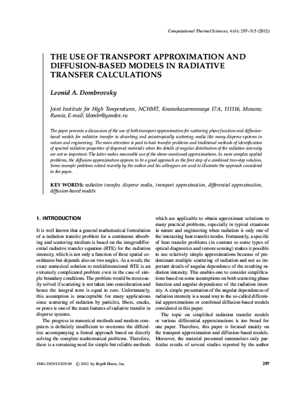 (PDF) The Use of Transport Approximation and Diffusion-Based Models in Radiative Transfer ...