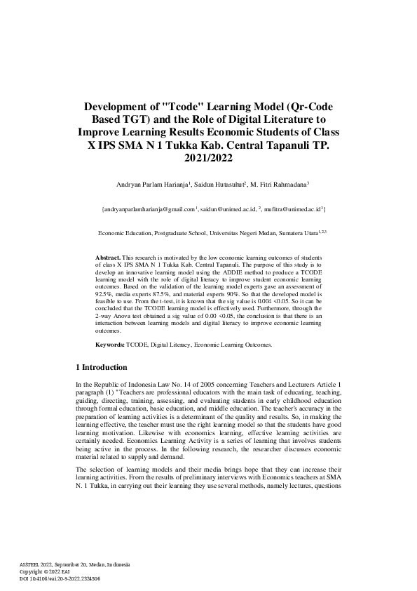 Pdf Development Of Tcode Learning Model Qr Code Based Tgt And The