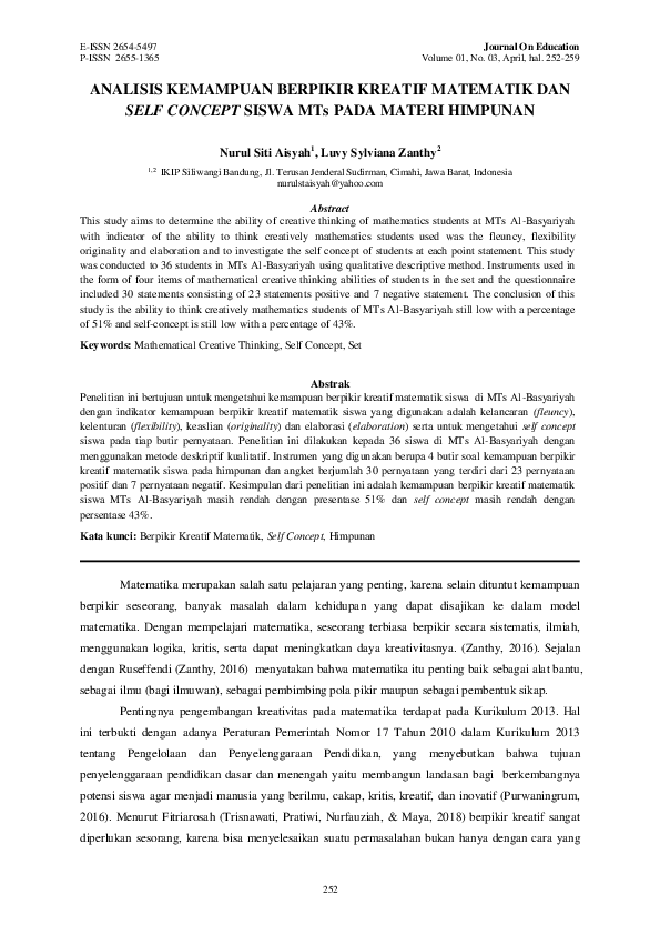 (PDF) ANALISIS KEMAMPUAN BERPIKIR KREATIF MATEMATIK DAN SELF CONCEPT SISWA MTs PADA MATERI HIMPUNAN
