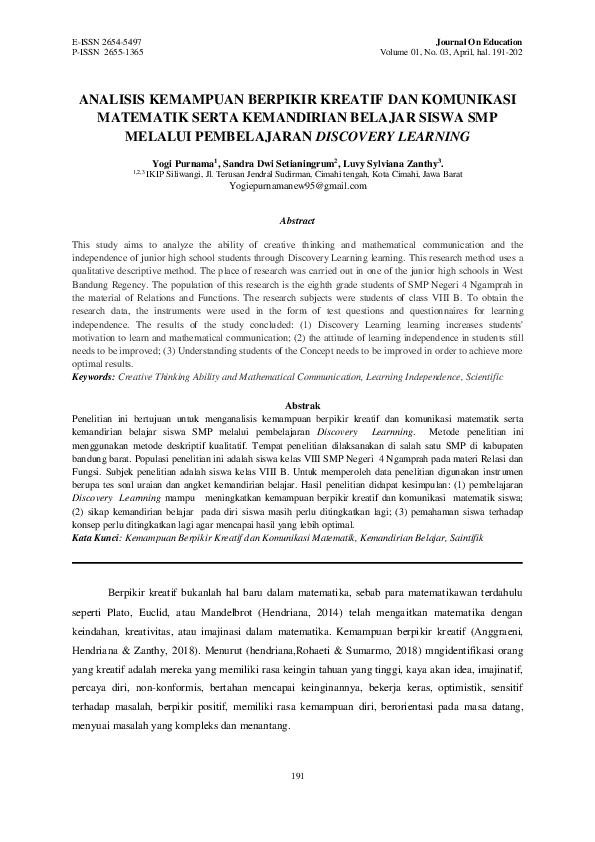 (PDF) Analisis Kemampuan Berpikir Kreatif Dan Komunikasi Matematik Serta Kemandirian Belajar ...