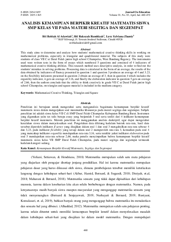 (PDF) Analisis Kemampuan Berpikir Kreatif Matematis Siswa SMP Kelas VII Pada Materi Segitiga dan ...