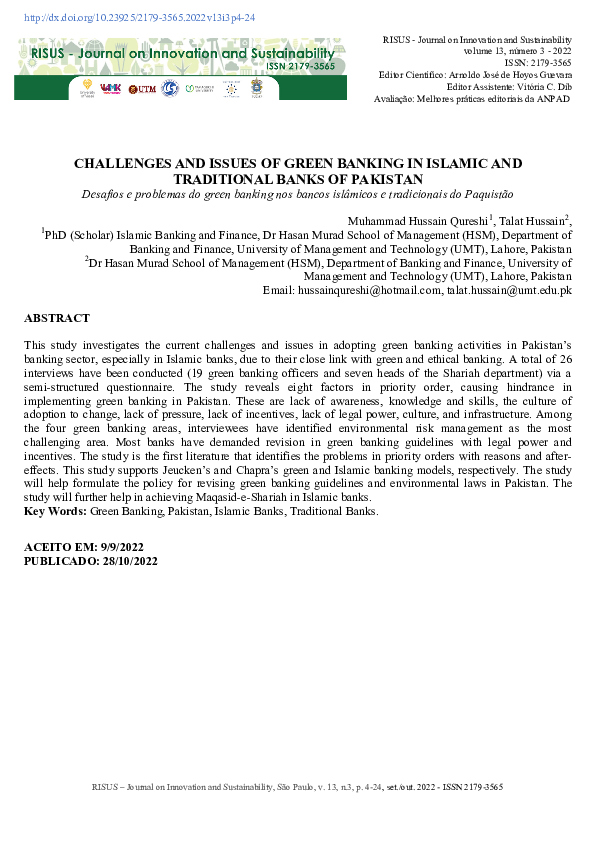 (PDF) Challenges and issues of green banking in Islamic and traditional banks of Pakistan