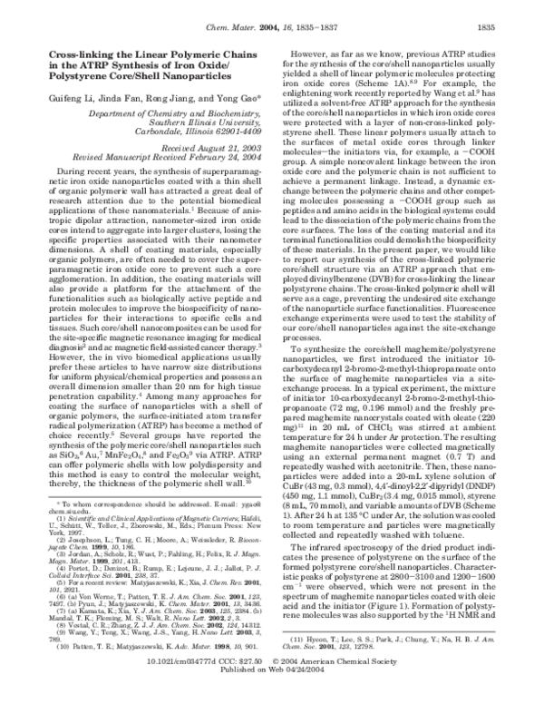 Pdf Cross Linking The Linear Polymeric Chains In The Atrp Synthesis Of Iron Oxide Polystyrene