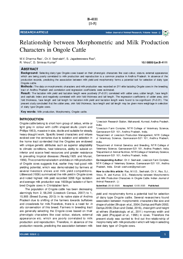 (PDF) Relationship between Morphometric and Milk Production Characters in Ongole Cattle