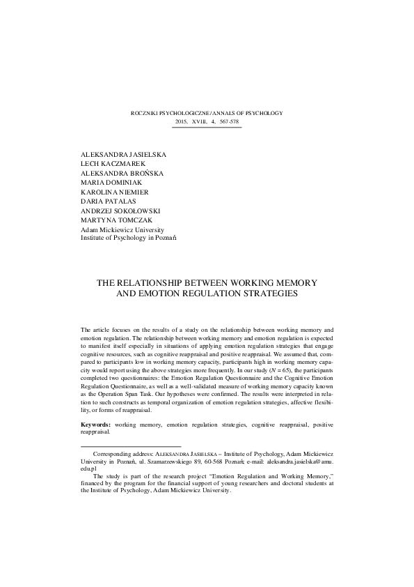 (PDF) The relationship between working memory and emotion regulation strategies