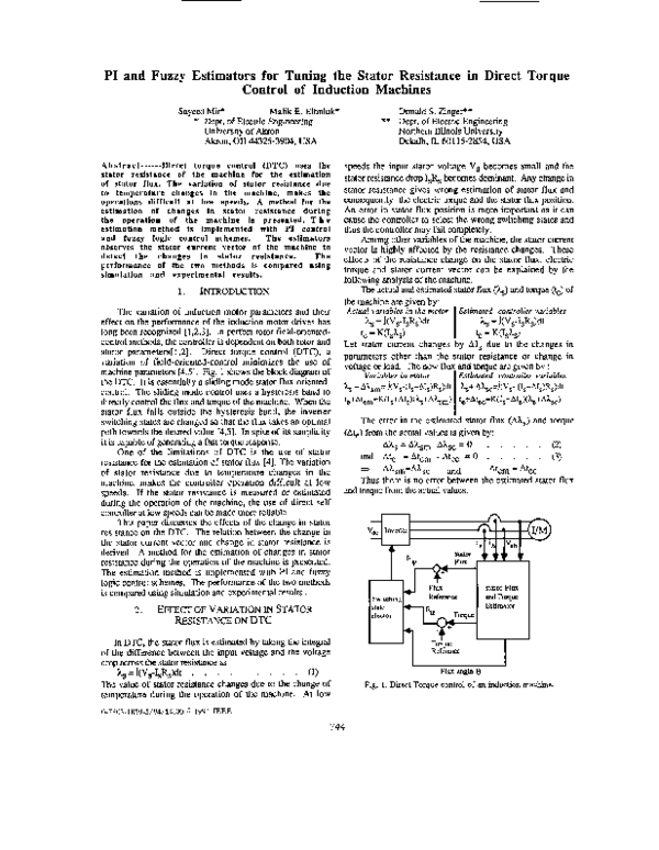 Pdf Pi And Fuzzy Estimators For Tuning The Stator Resistance In Direct Torque Control Of