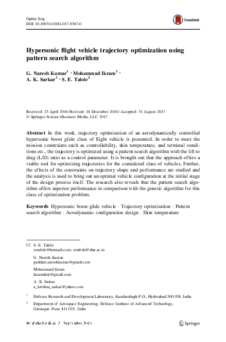 Pdf Hypersonic Flight Vehicle Trajectory Optimization Using Pattern Search Algorithm G