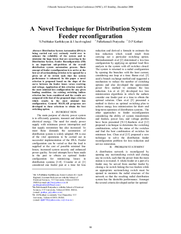 Pdf A Novel Technique For Distribution System Feeder Reconfiguration