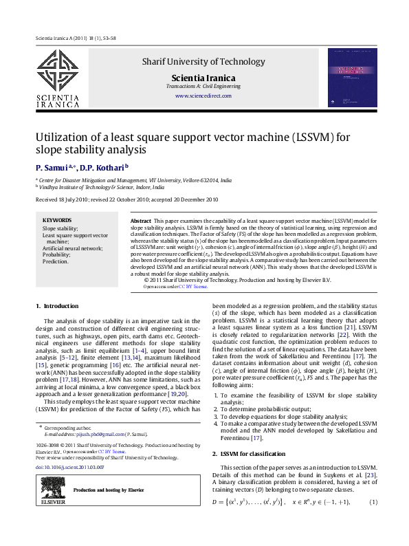 (PDF) Utilization of a least square support vector machine (LSSVM) for slope stability analysis