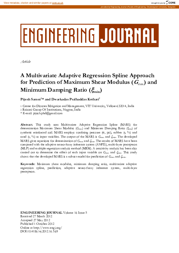 Pdf A Multivariate Adaptive Regression Spline Approach For Prediction Of Maximum Shear Modulus