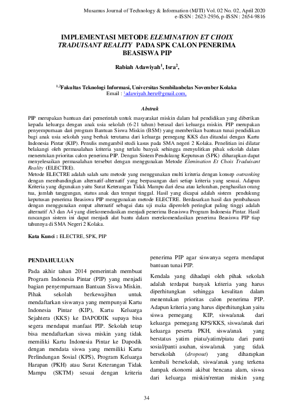 (PDF) Implementasi Metode Elemination et Choix Traduisant Reality Pada ...