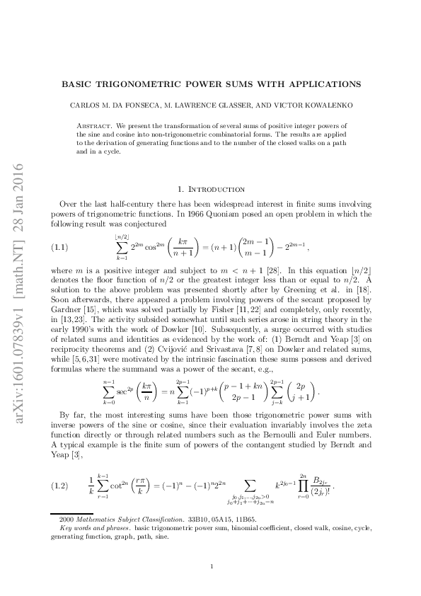 (PDF) Basic trigonometric power sums with applications