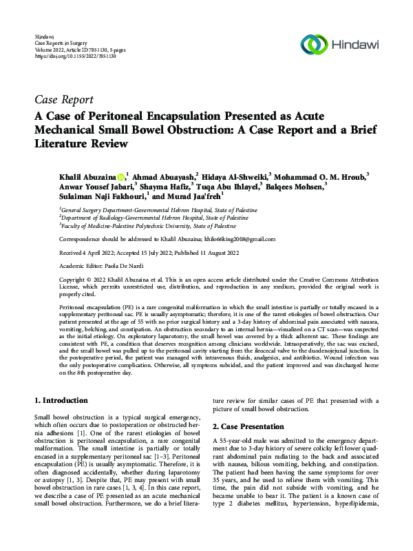 (PDF) A Case of Peritoneal Encapsulation Presented as Acute Mechanical Small Bowel Obstruction ...
