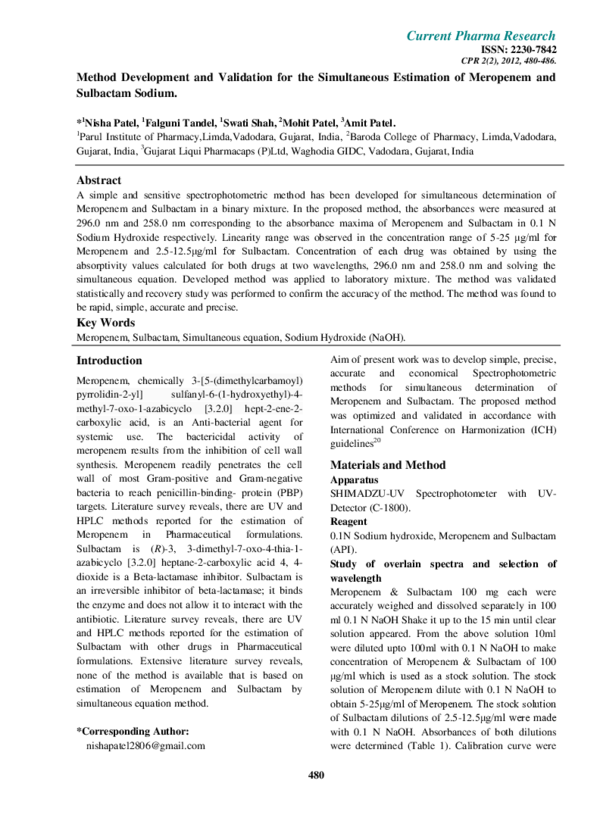 (PDF) Method Development and Validation for the Simultaneous Estimation of Meropenem and ...