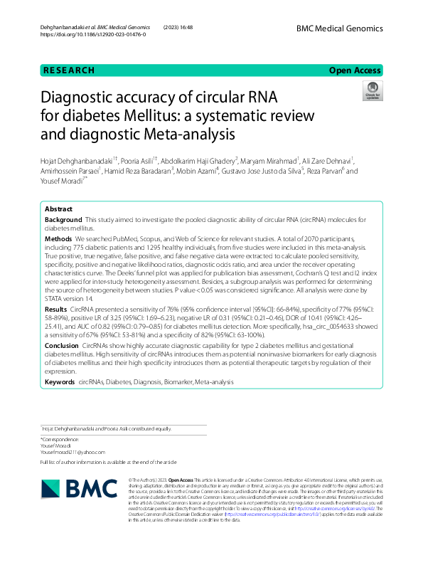 Pdf Diagnostic Accuracy Of Circular Rna For Diabetes Mellitus A Systematic Review And