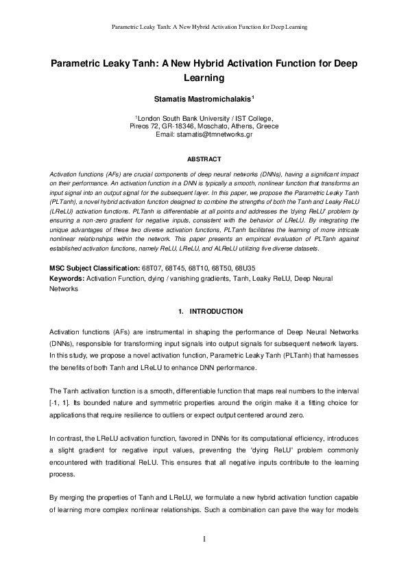 (PDF) Parametric Leaky Tanh: A New Hybrid Activation Function for Deep ... (PDF) Parametric Leaky Tanh: A New Hybrid Activation Function for Deep ...